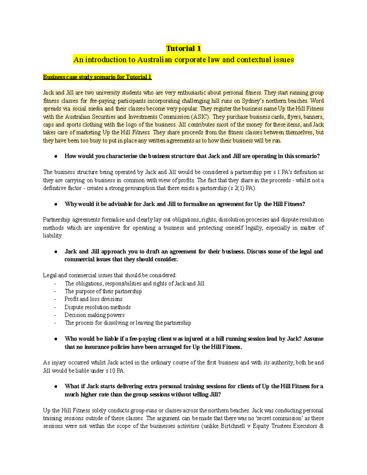 Corporate Law - Tutorial Tasks - Tutorial 1 An introduction to ...