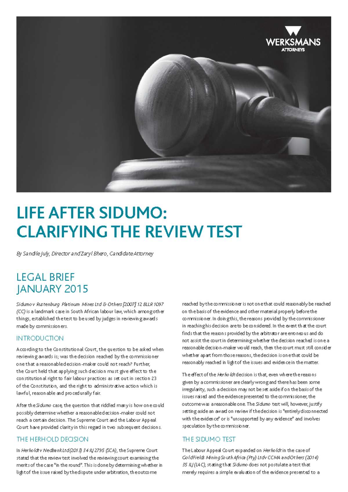 042402 Werksmans life after sidumo - LEGAL BRIEF JANUARY 2015 Sidumo v Rustenburg Platinum Mines ...