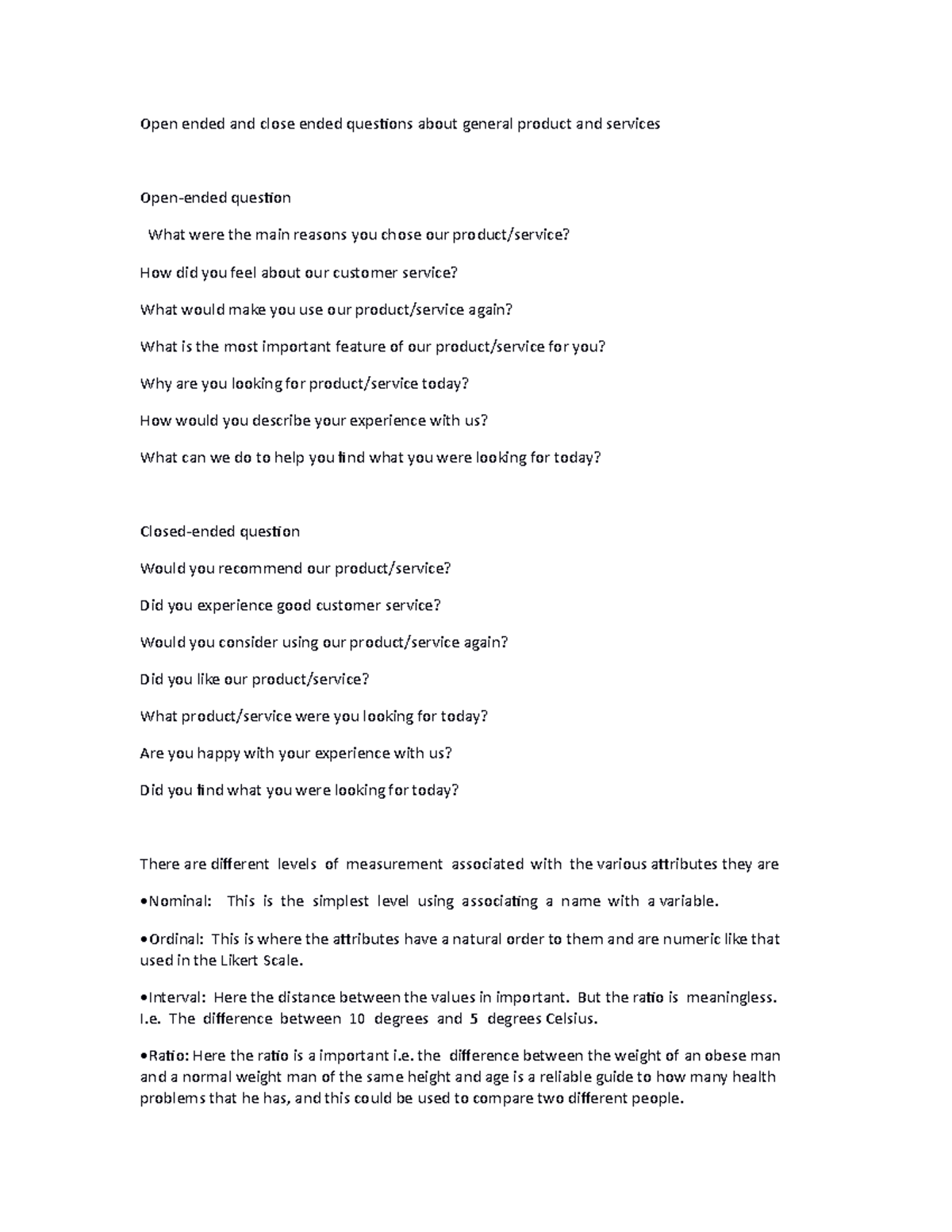Document - Open ended and close ended questions about general product ...