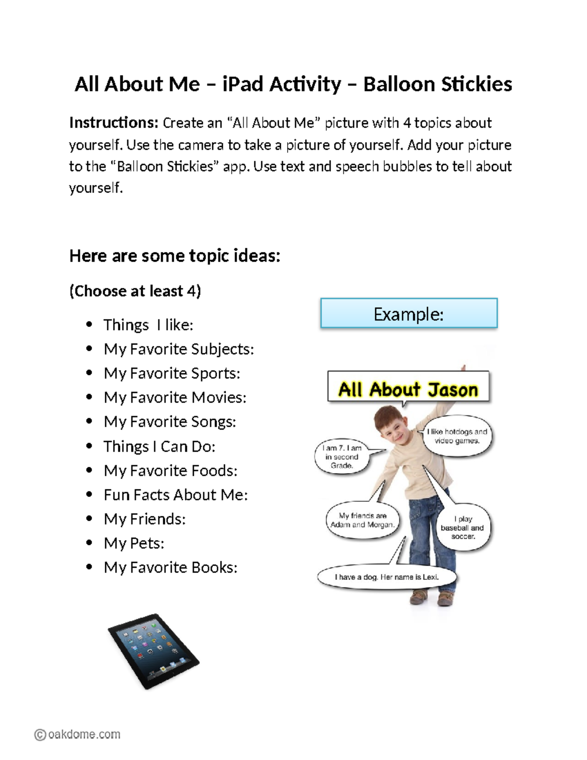 All about me ipad activity balloon stickies instructions - All About Me ...