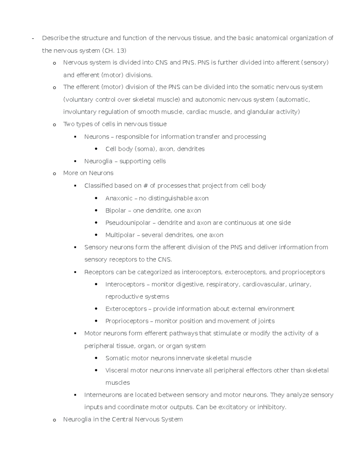 Nervous Sytem Studyguide - Describe the structure and function of the ...