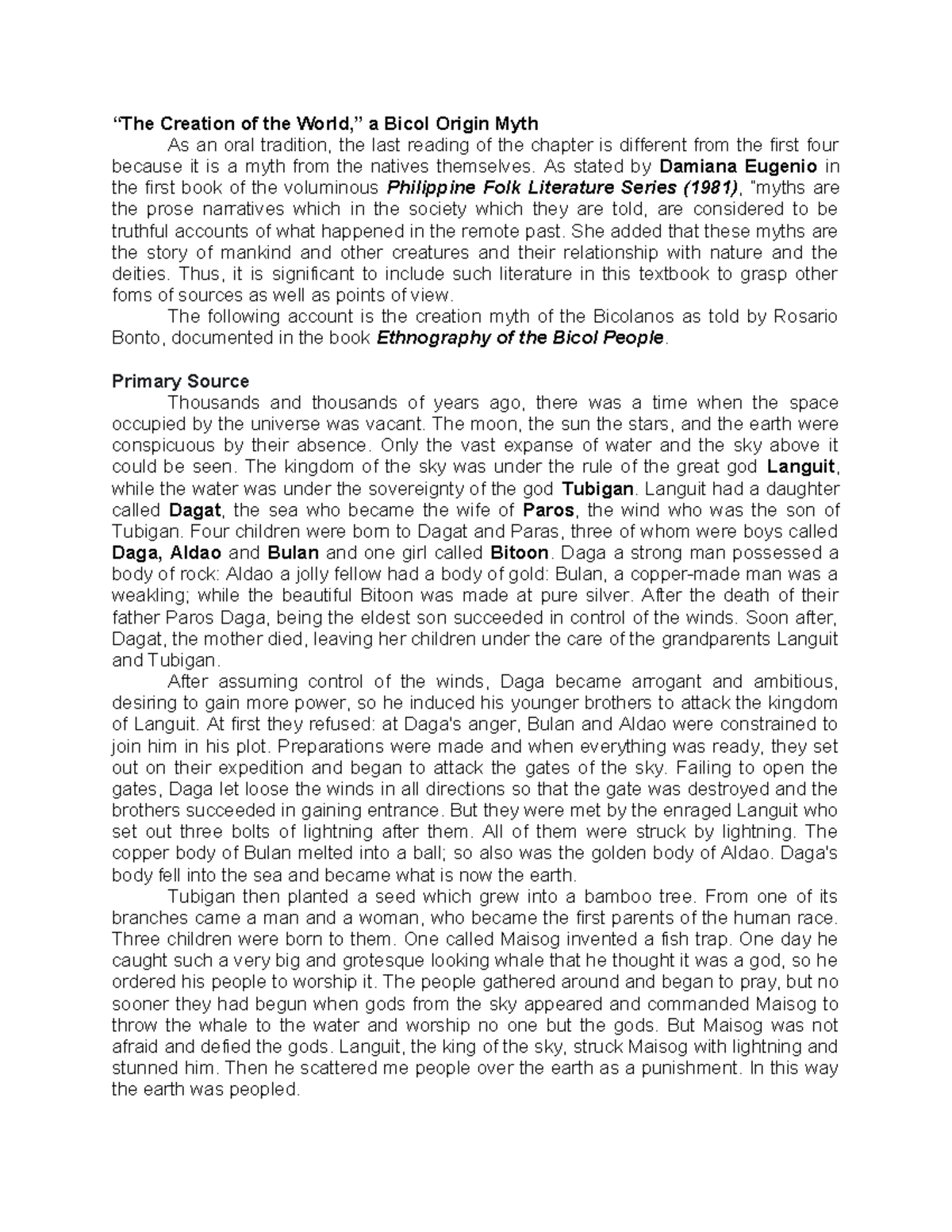 The Creation of the World - “The Creation of the World,” a Bicol Origin ...