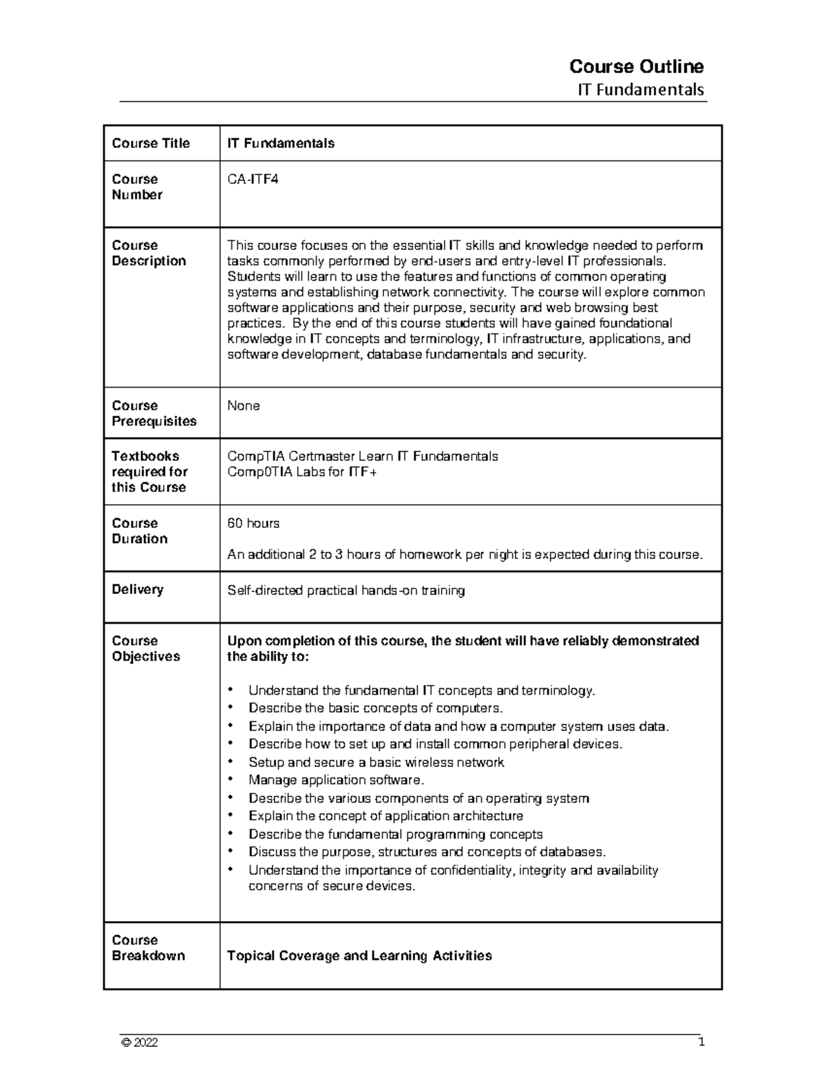 CA-ITF4 v1-0 Course Outline 2022-0421 - IT Fundamentals Course Title IT ...