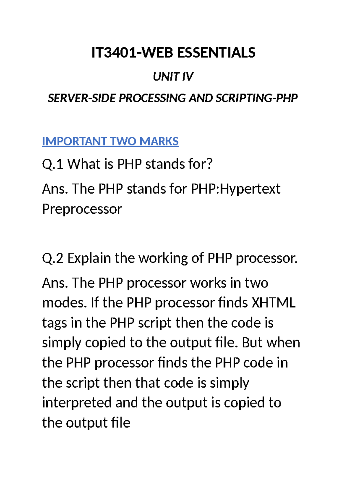 Unit 4 2 marks - IT3401-WEB ESSENTIALS UNIT IV SERVER-SIDE PROCESSING AND SCRIPTING-PHP ...