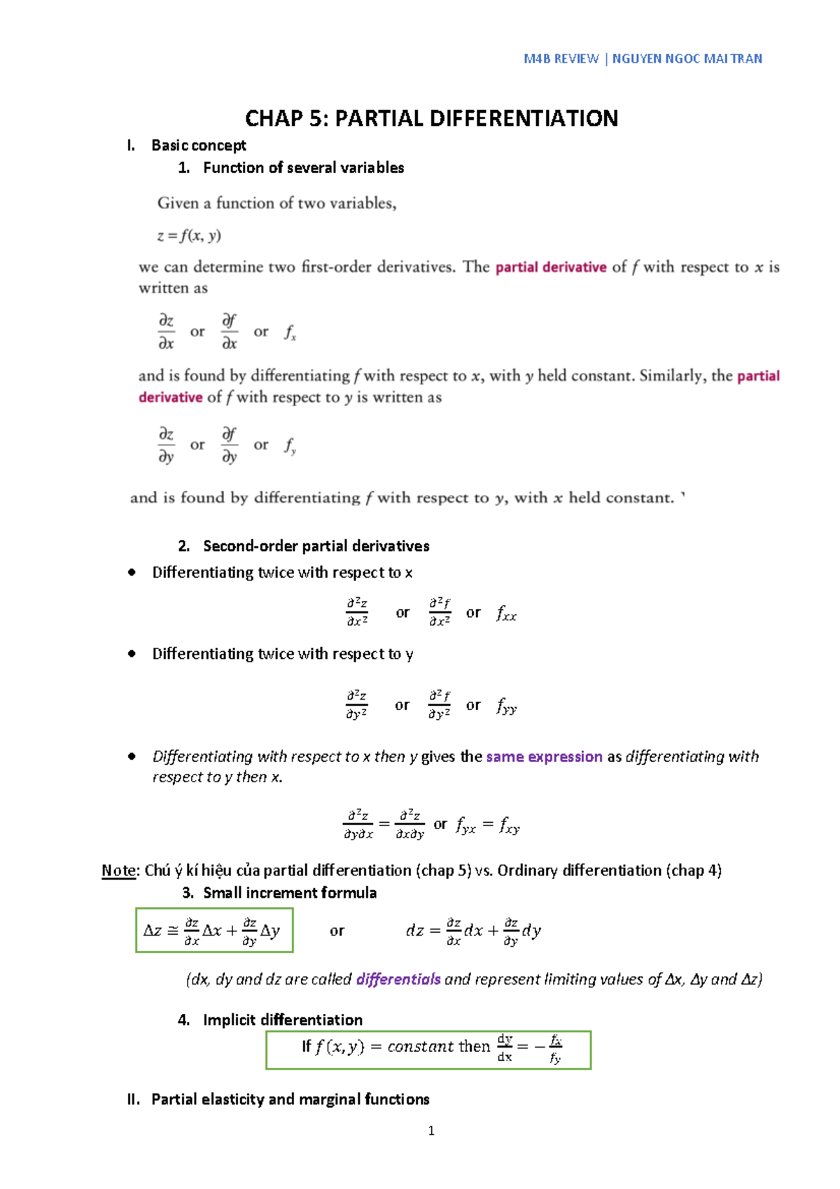 CHAP 5 Review - CHAP 5: PARTIAL DIFFERENTIATION I. Basic concept Function of several variables ...