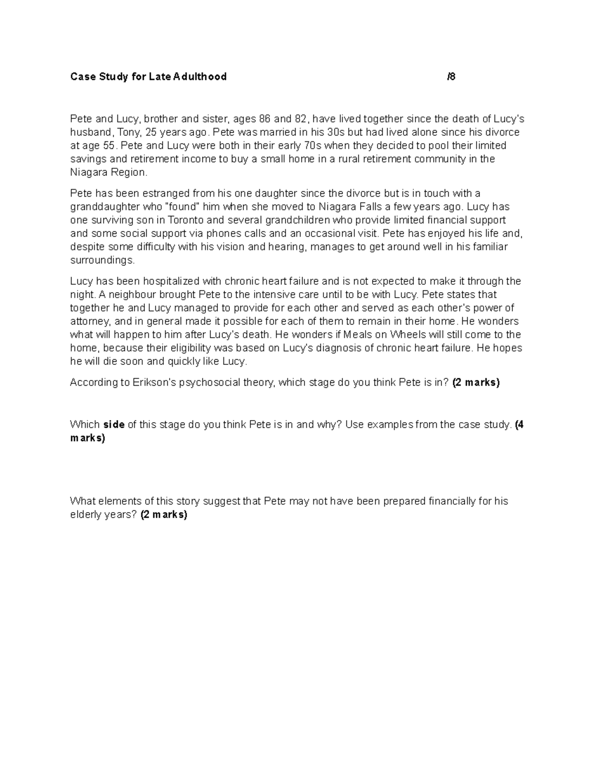 Late Adulthood Case Study - Case Study for Late Adulthood / Pete and ...