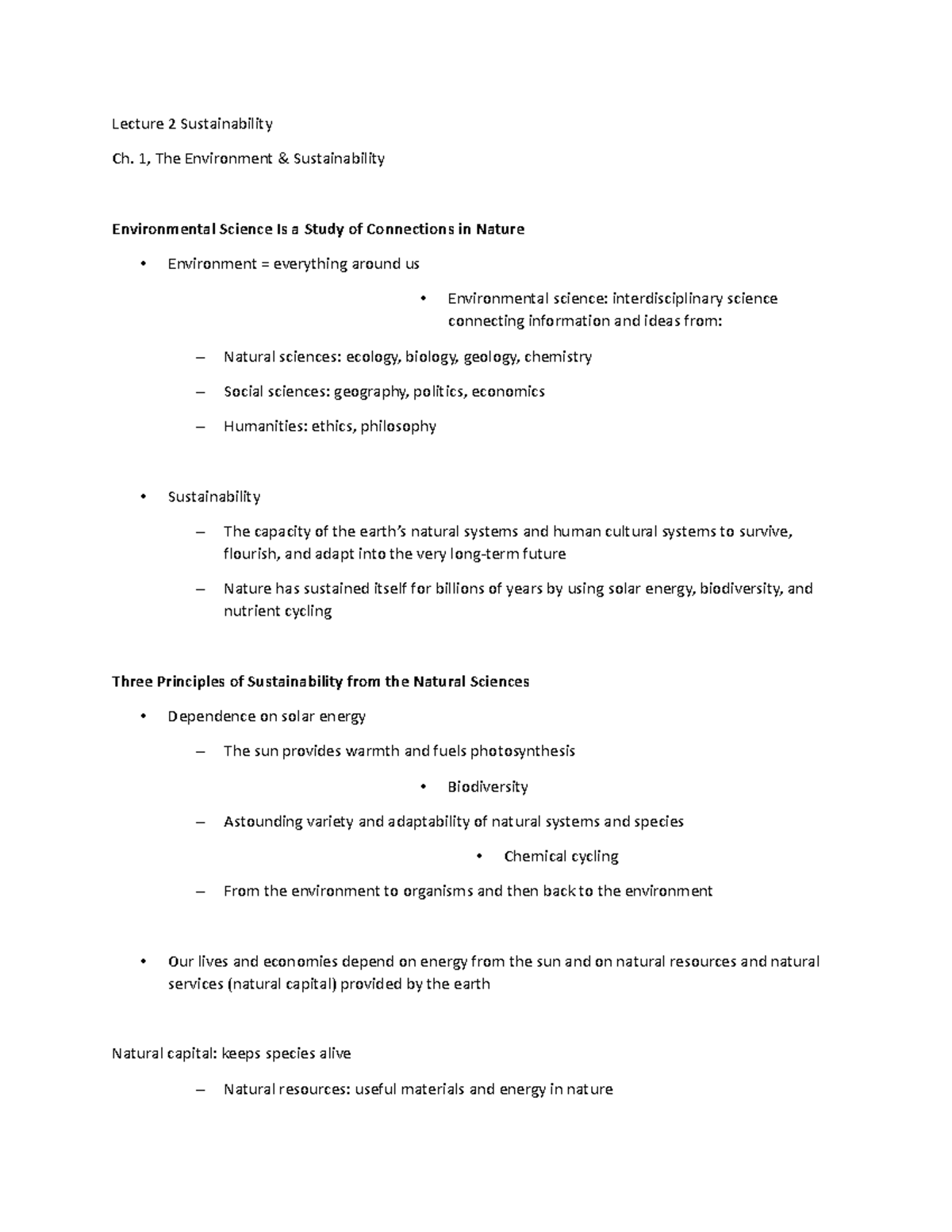 Lecture 2 Sustainability - Lecture 2 Sustainability Ch. 1, The ...