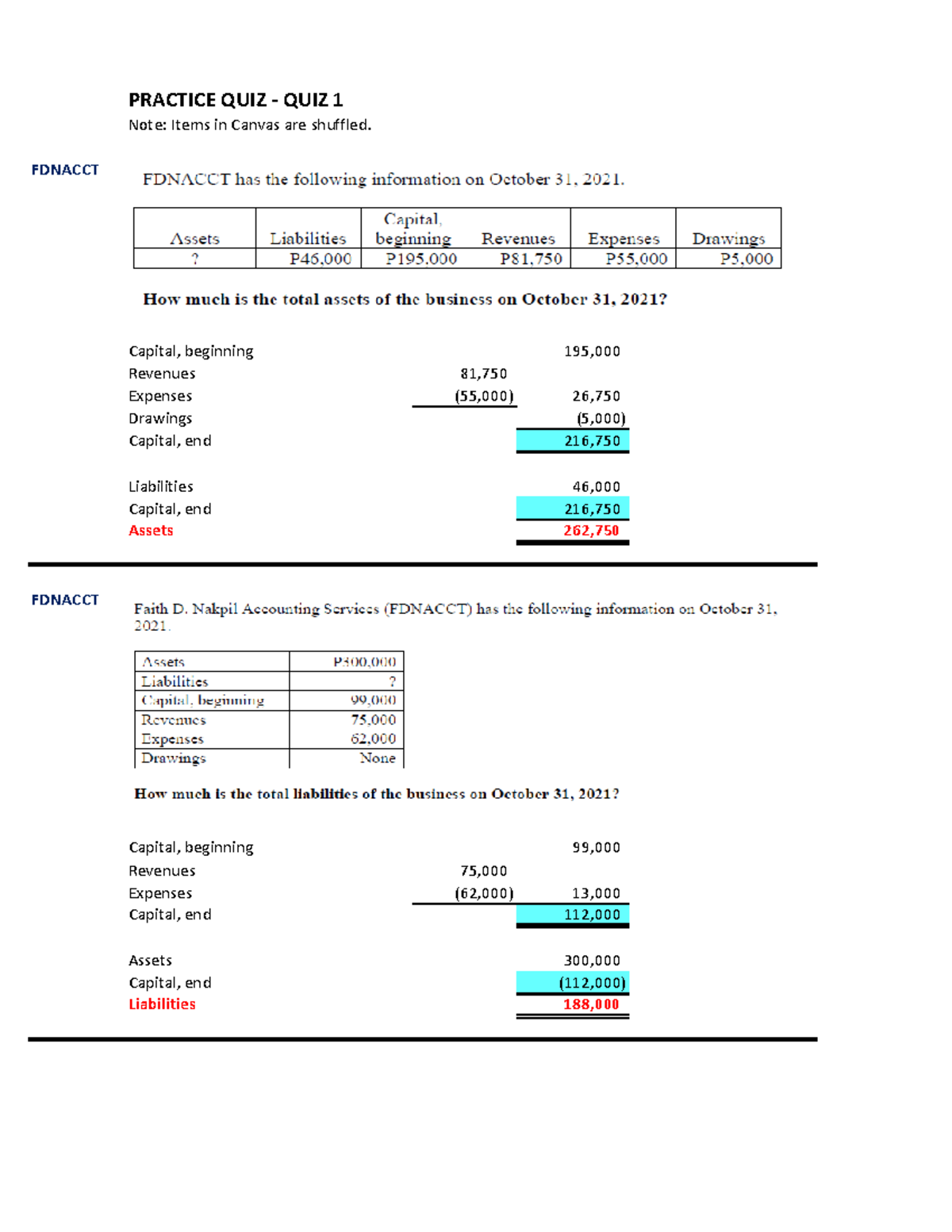 Practice QUIZ - Quiz 1 Answer Key - PRACTICE QUIZ - QUIZ 1 Note: Items ...