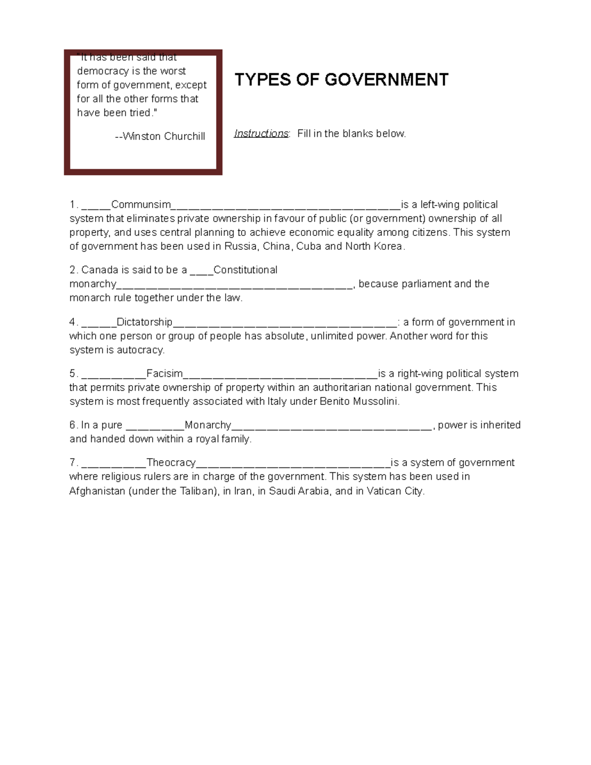 Types of Government - assignment - TYPES OF GOVERNMENT Instructions ...