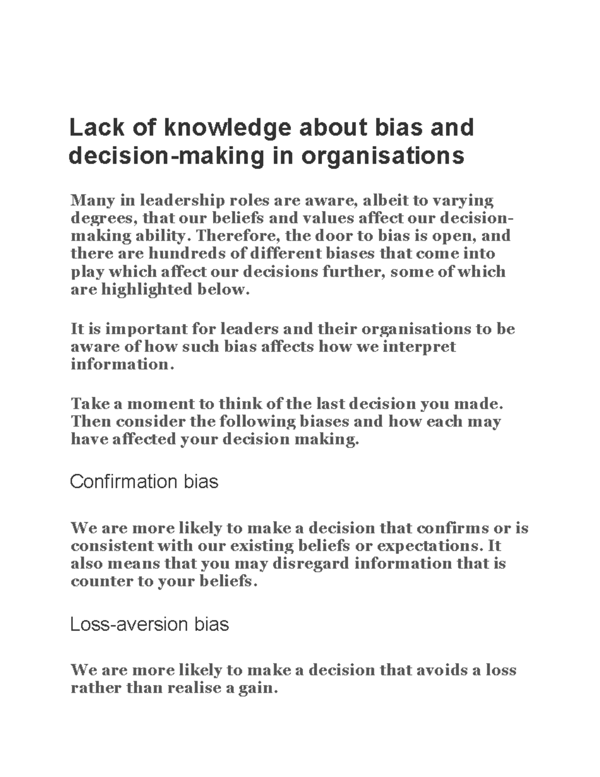 Lack of knowledge about bias and decision-making in organisations ...