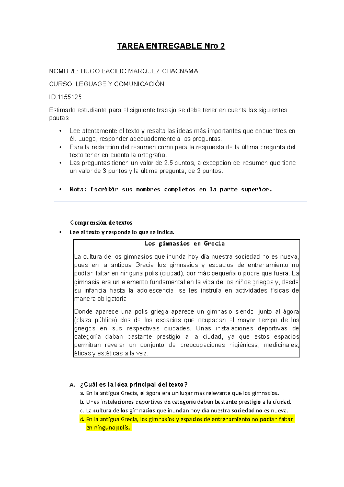 SPSU-867 Actividadentregable 002 HUGO Bacilio Marquez Chacnama - TAREA ENTREGABLE Nro 2 NOMBRE ...