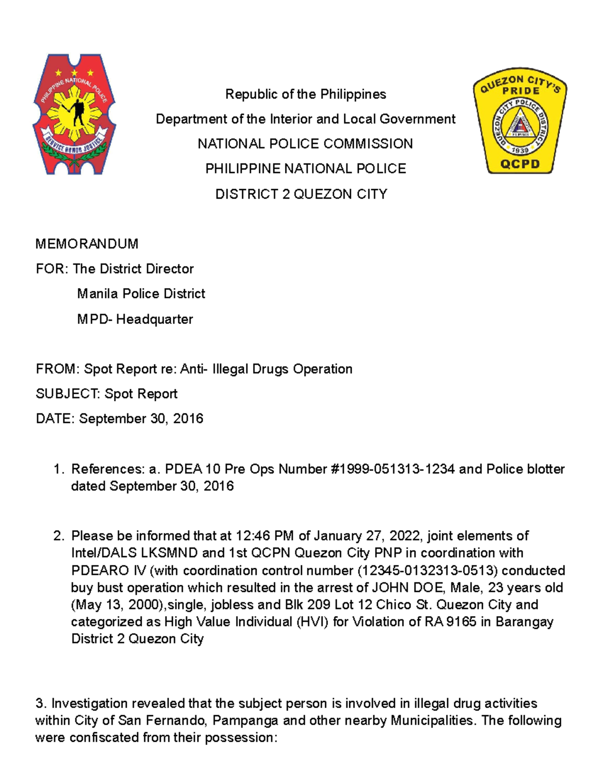 Spot Report Ilovino Anabelle MAE 13 - Republic of the Philippines Department of the Interior and ...