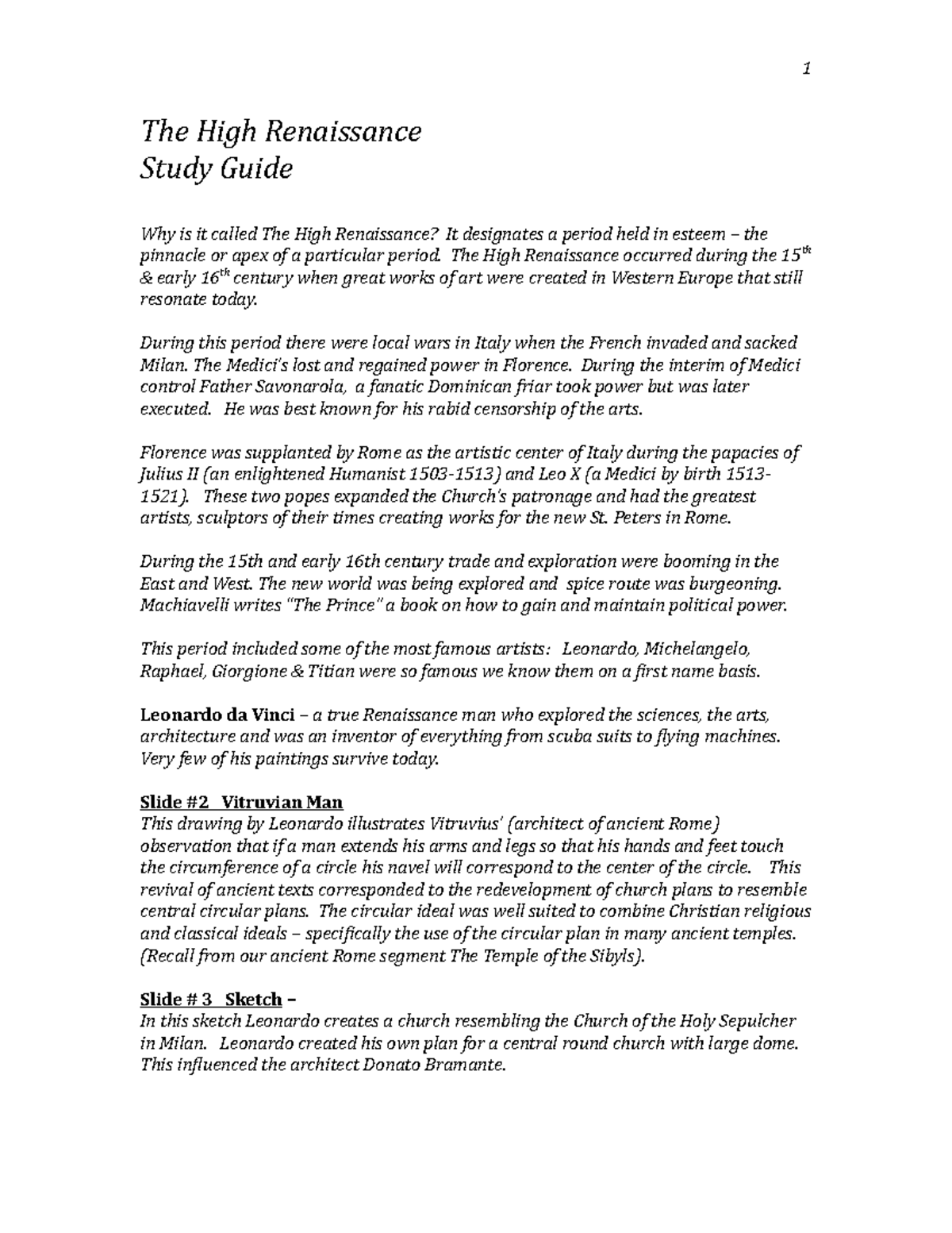 13 High Renaissance - PROFESSOR: STACY VELOUDIOS - The High Renaissance ...
