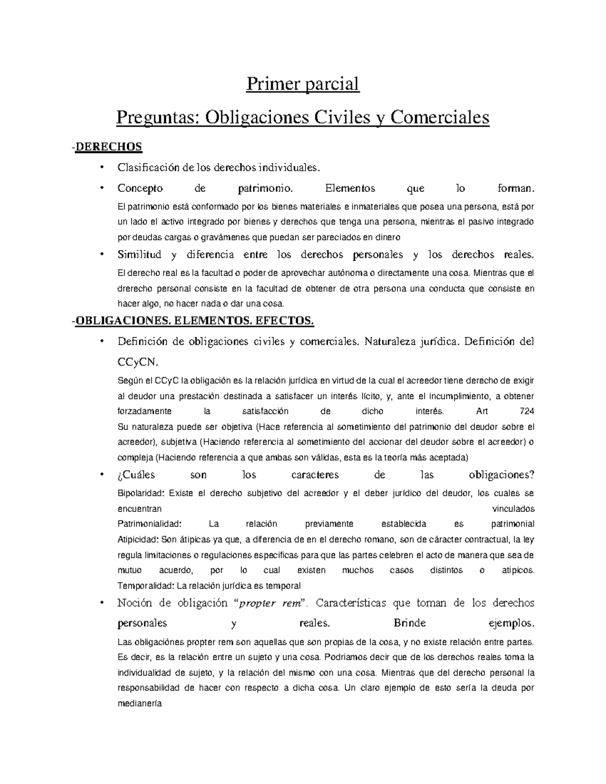 GUIA DE Preguntas 1ER Parcial 2024 completa - Primer parcial Preguntas: Obligaciones Civiles y ...