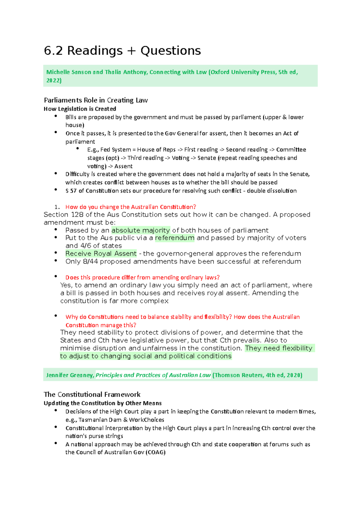 Constitutional Framework Mod 6 - 6 Readings + Questions Michelle Sanson ...