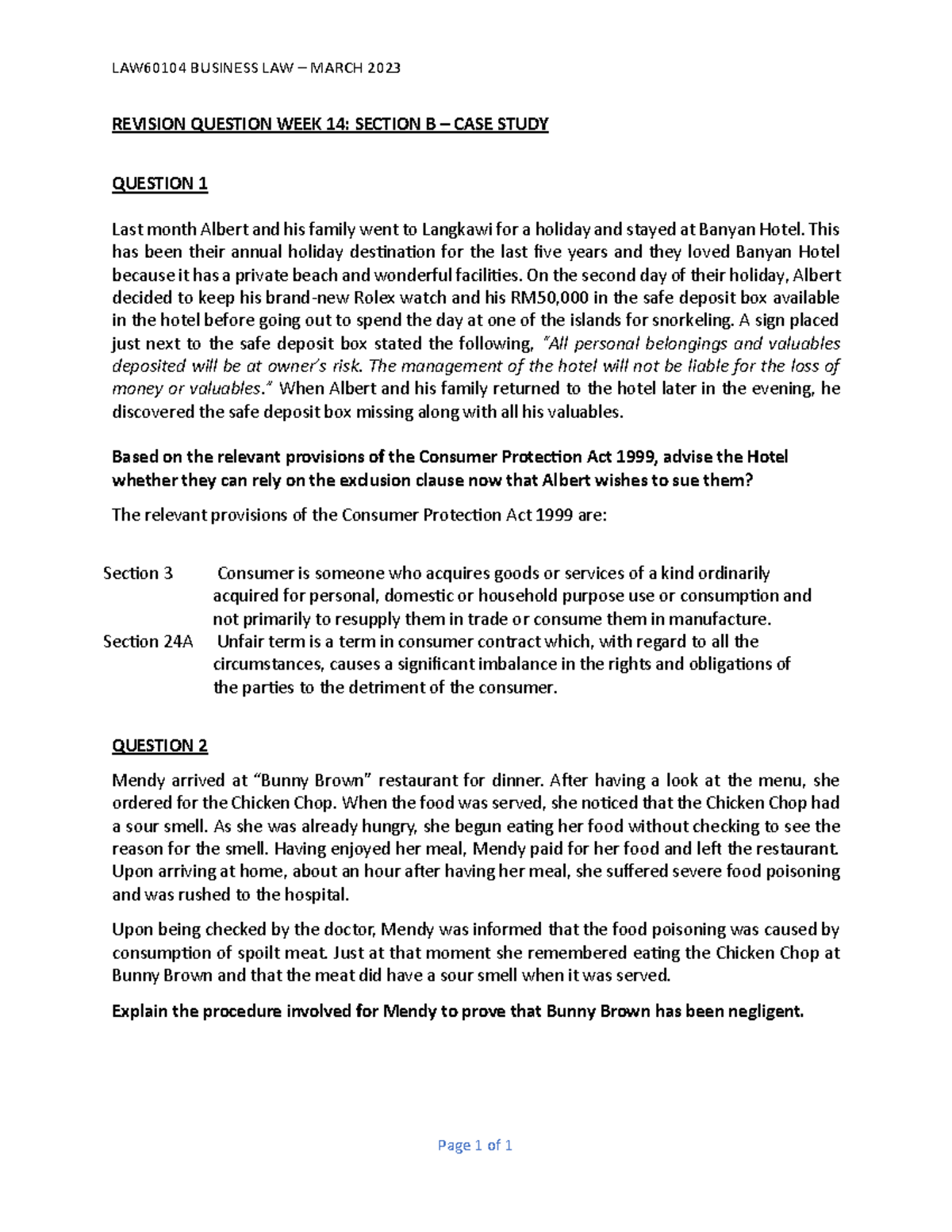 Revision Week 14 Section B - LAW60104 BUSINESS LAW – MARCH 2023 Page 1 of 1 REVISION QUESTION ...