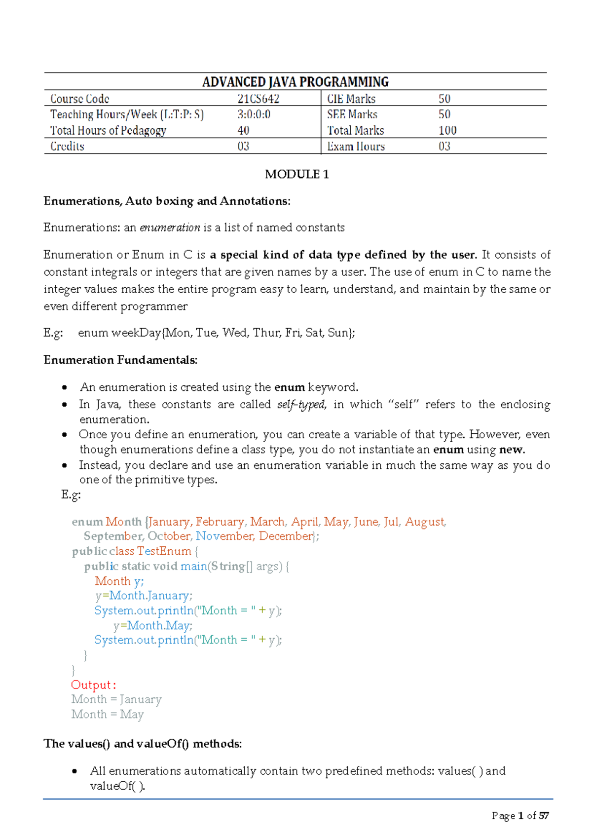 Advanced JAVA Programming(21CS642) - MODULE 1 Enumerations, Auto boxing and Annotations: - Studocu