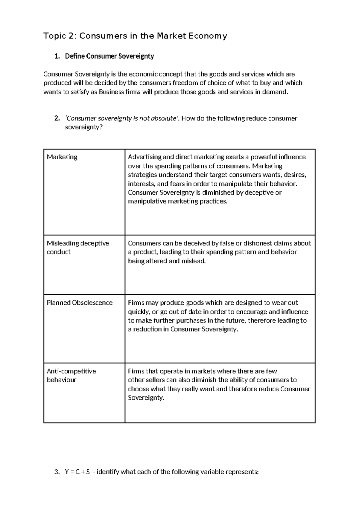 Consumers in the Market Economy notes - Topic 2: Consumers in the ...