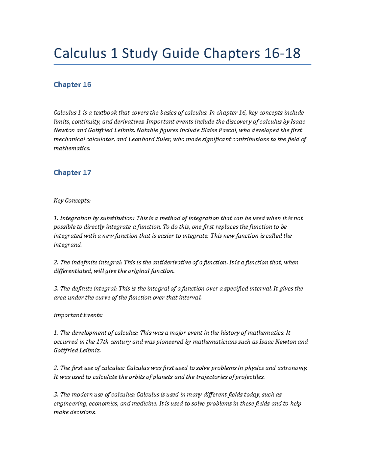Calculus 1 Study Guide Chapters 16-18 - In chapter 16, key concepts ...