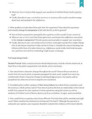 Hatchet - Super Summary Study Guide 57 - D (Chapter 1) A (Chapter 3) C ...
