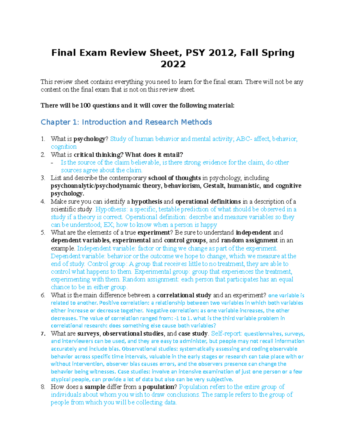 Final Exam Review Spring 22 - Final Exam Review Sheet, PSY 2012, Fall Spring 2022 This review ...
