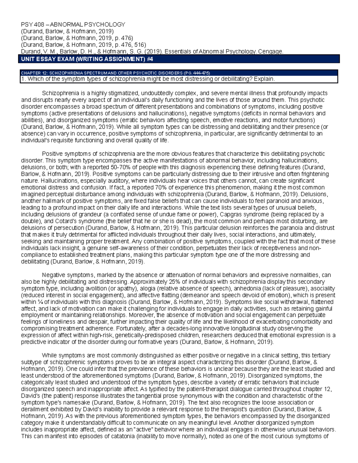 PSY 408 - Unit Essay Exam (Writing Assignment) #4 (Option #1) (7-21 ...