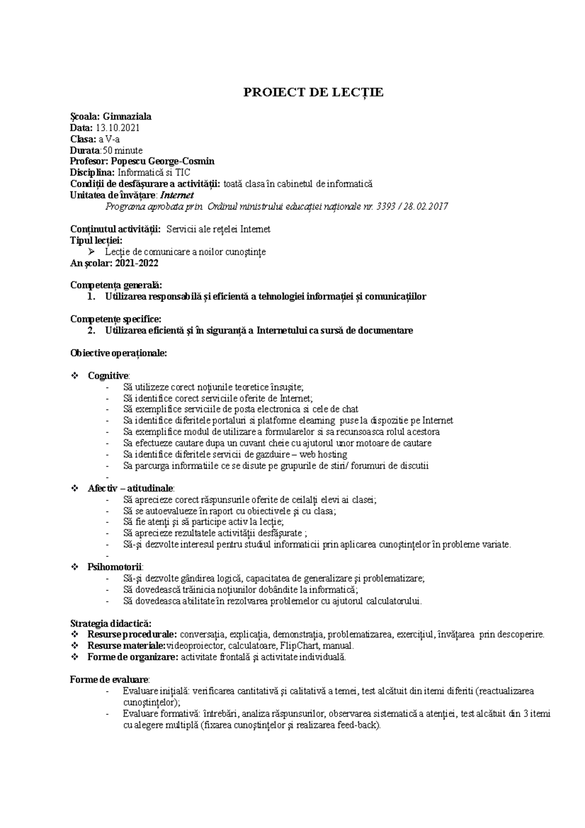 Proiect de lectie - LECTURE - PROIECT DE LECŢIE Şcoala: Gimnaziala Data ...