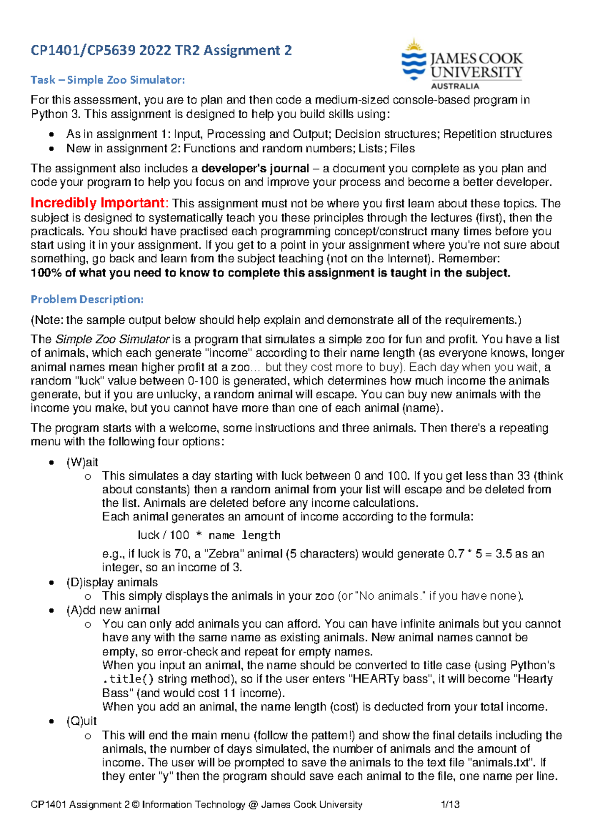 CP1401 Assignment 2 2022 2 - CP1401/CP5639 2022 TR2 Assignment 2 Task – Simple Zoo Simulator ...