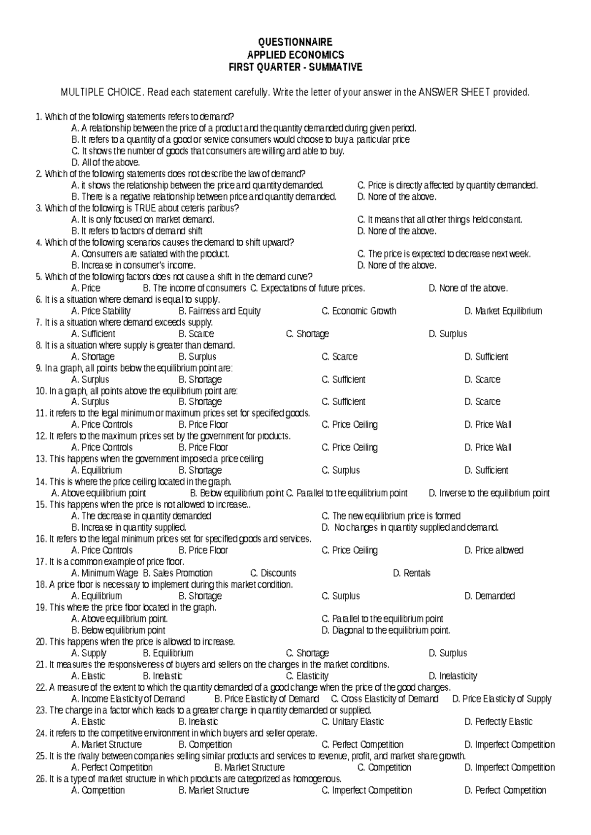 Questionnaire summative - QUESTIONNAIRE APPLIED ECONOMICS FIRST QUARTER ...
