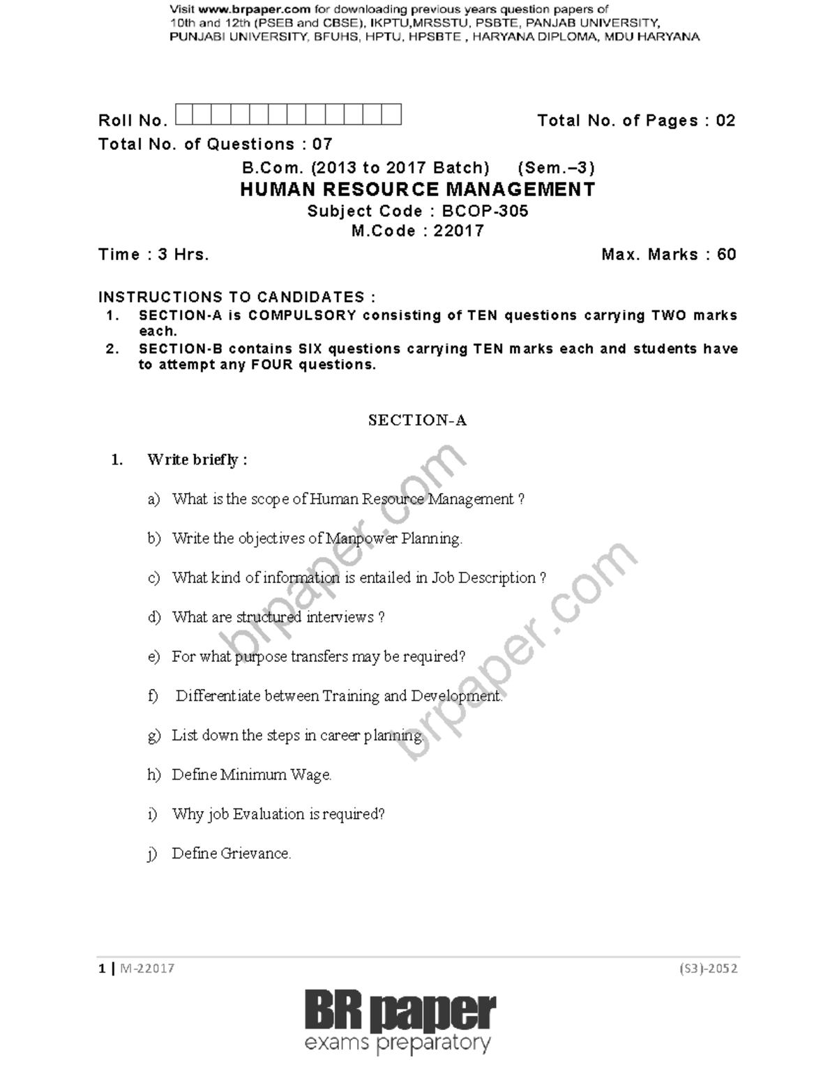HRM(3rd)May2019 - Exam note for HRM - 1 | M-22017 (S3)- Roll No. Total ...