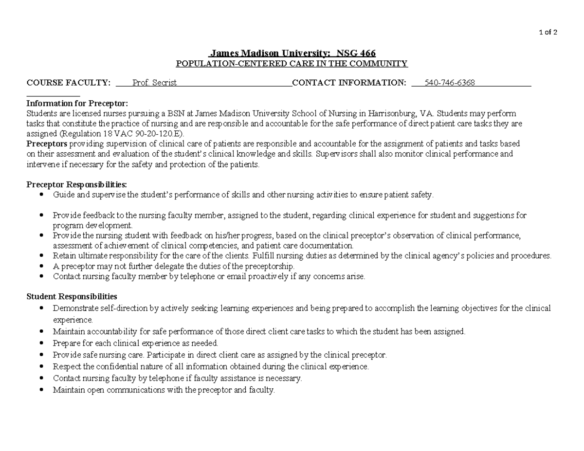 RN-BSN Clinical Form-1 - 1 of 2 James Madison University: NSG 466 ...