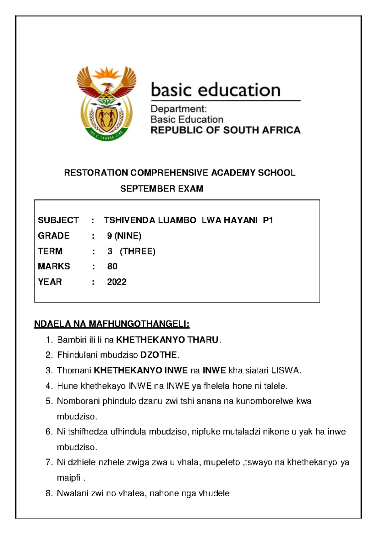 Tshivenda P1 - RESTORATION COMPREHENSIVE ACADEMY SCHOOL SEPTEMBER EXAM SUBJECT : TSHIVENDA ...
