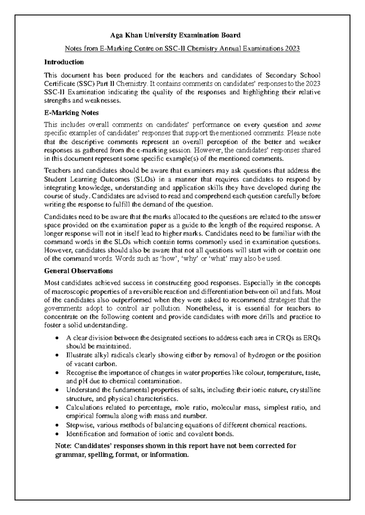 E marking Notes Chemistry X - Aga Khan University Examination Board ...