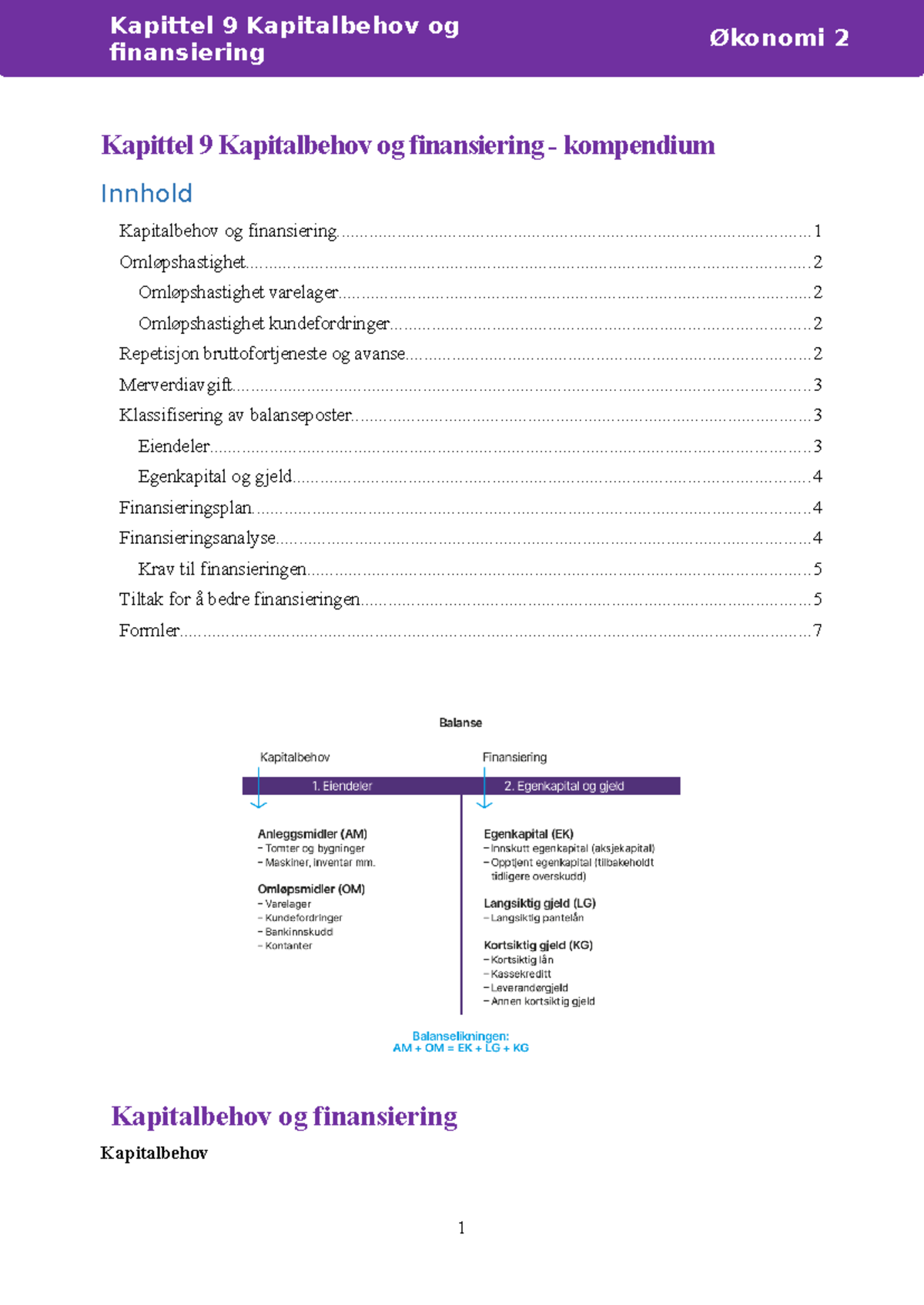Kapittel 9 kompendium - yup - finansiering Kompendium Økonomi 2 Kapittel 9 Kapitalbehov og - Studocu