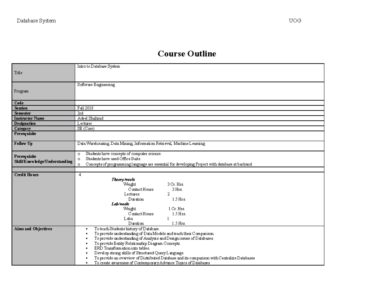 Data Base outline fall 18 - Course Outline Title Intro to Database ...