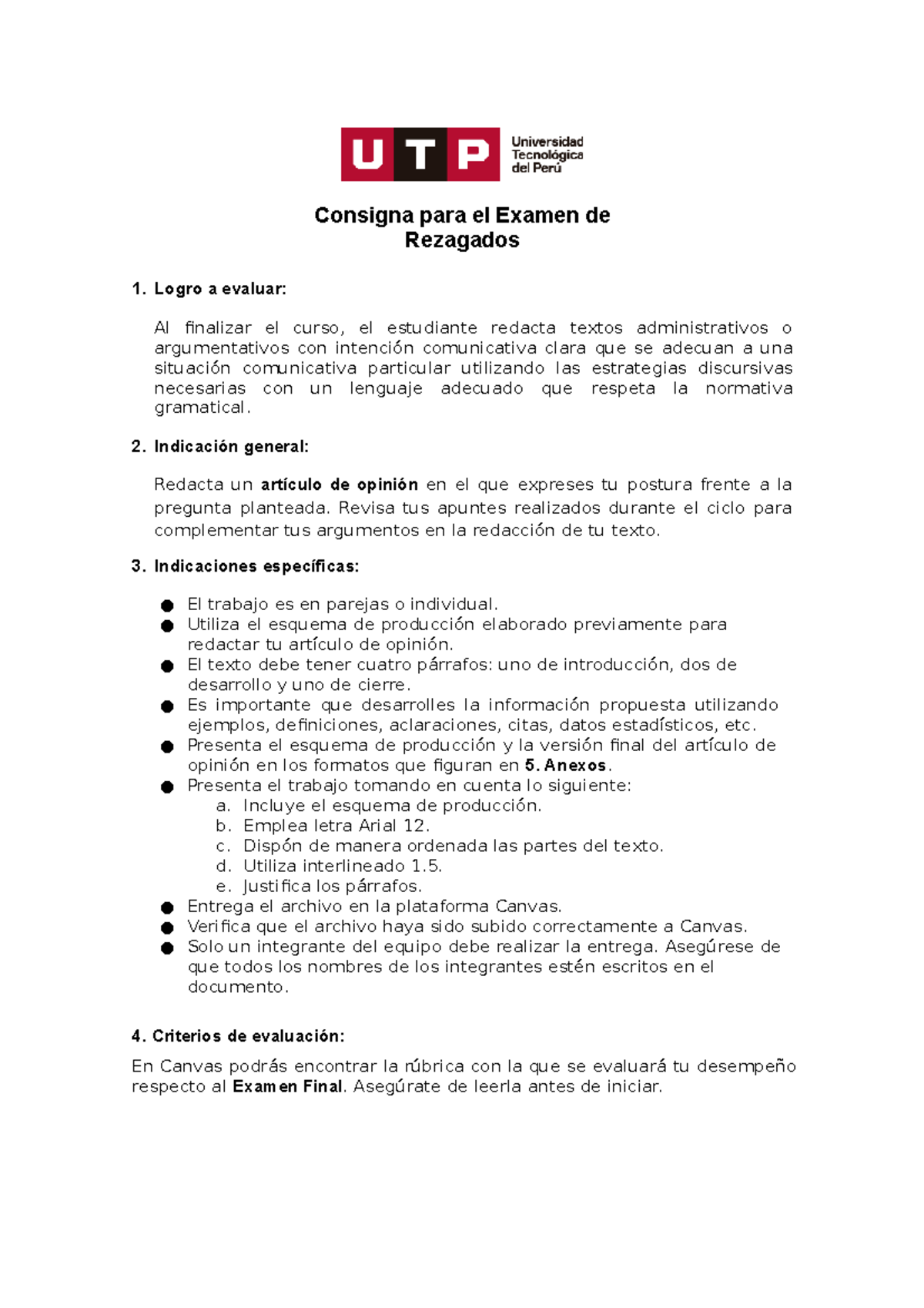 Formato del Examen de Rezagados - Consigna para el Examen de Rezagados ...