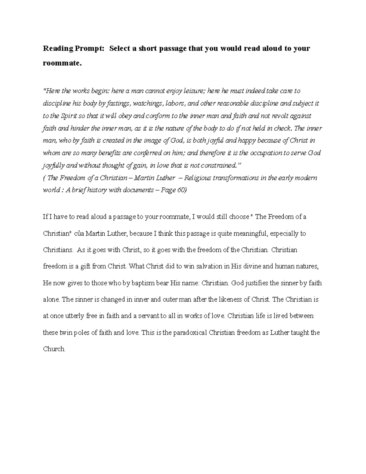 History Prompt - Reading Prompt: Select a short passage that you would ...