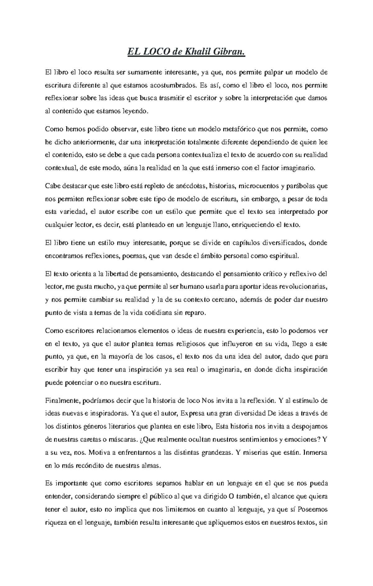 Activas 4. Unidad 1. Expresión. Jerlin - EL LOCO de Khalil Gibran. El ...