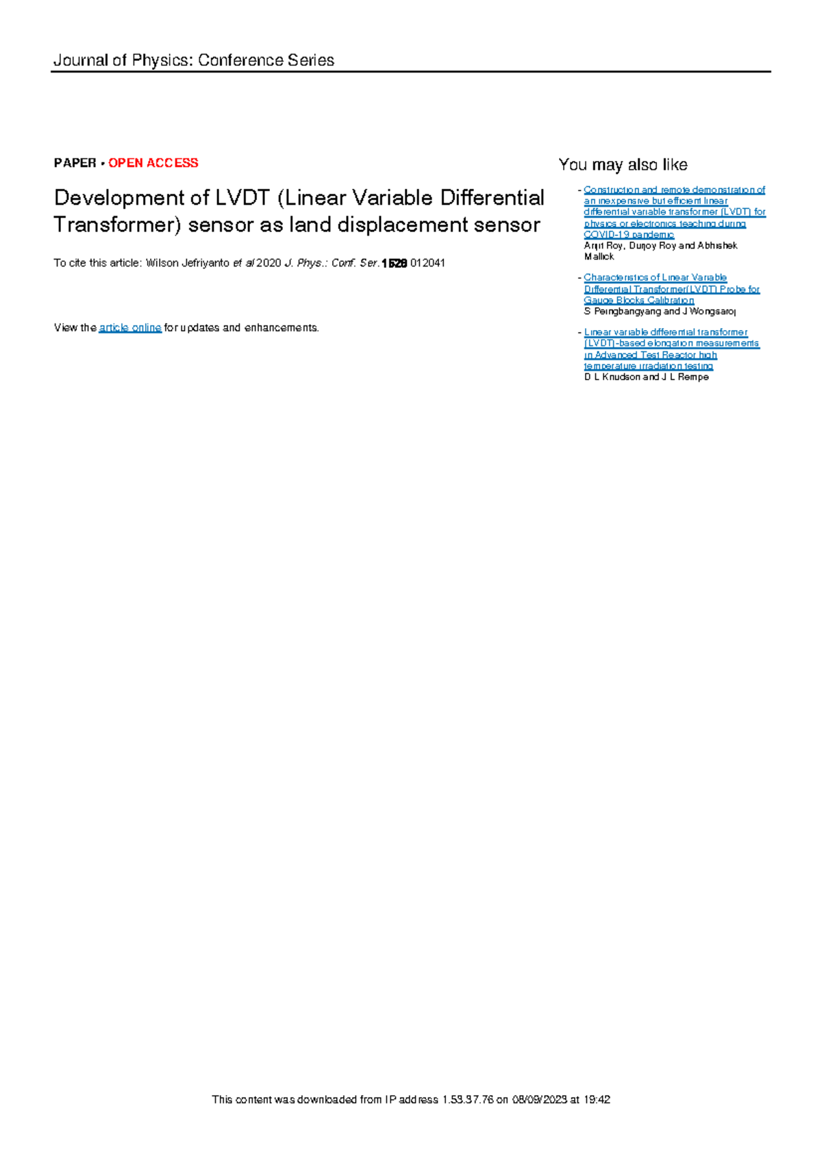 Jefriyanto 2020 J. Phys. Conf - Journal of Physics: Conference Series PAPER • OPEN ACCESS - Studocu