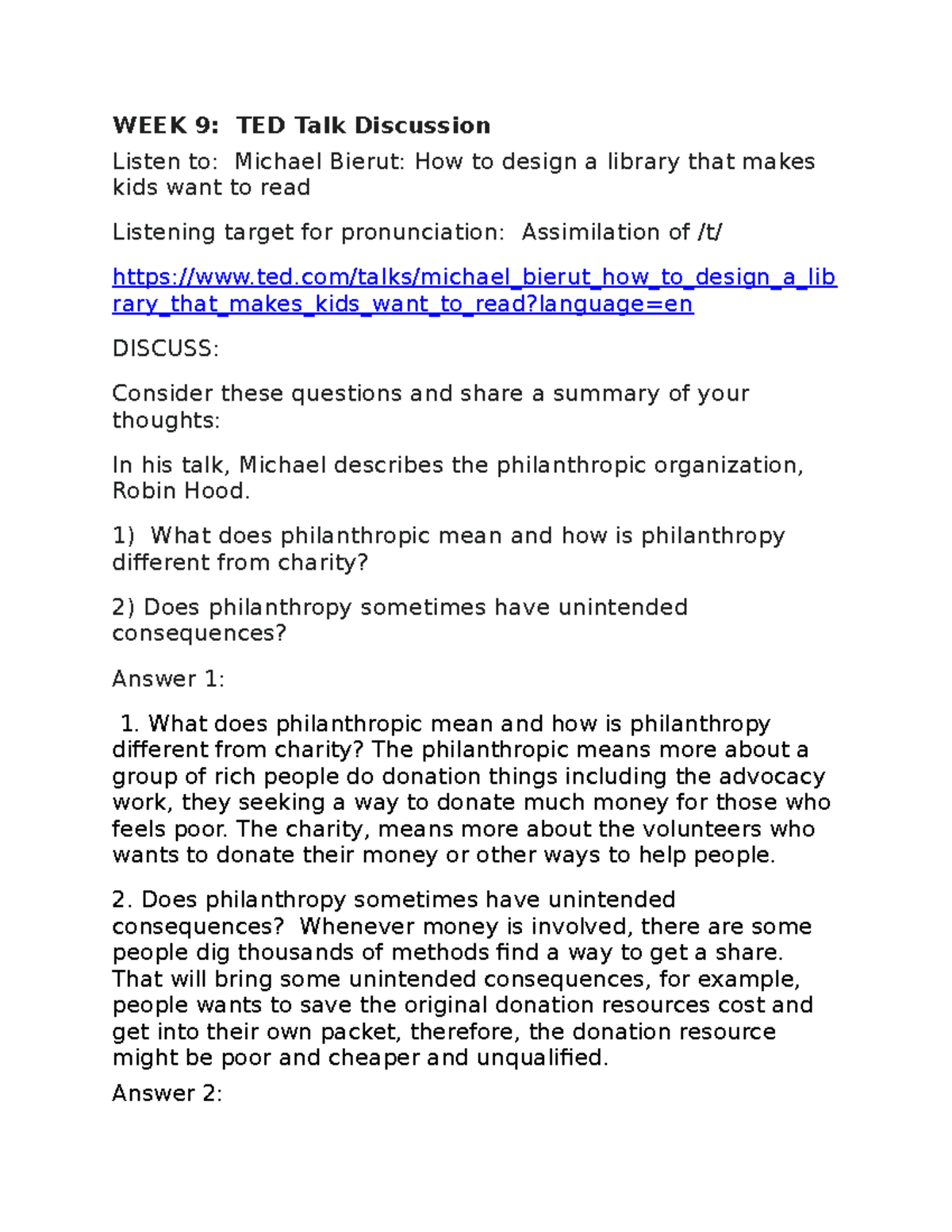 WEEK 9 TED Talk Discussion - WEEK 9: TED Talk Discussion Listen to ...