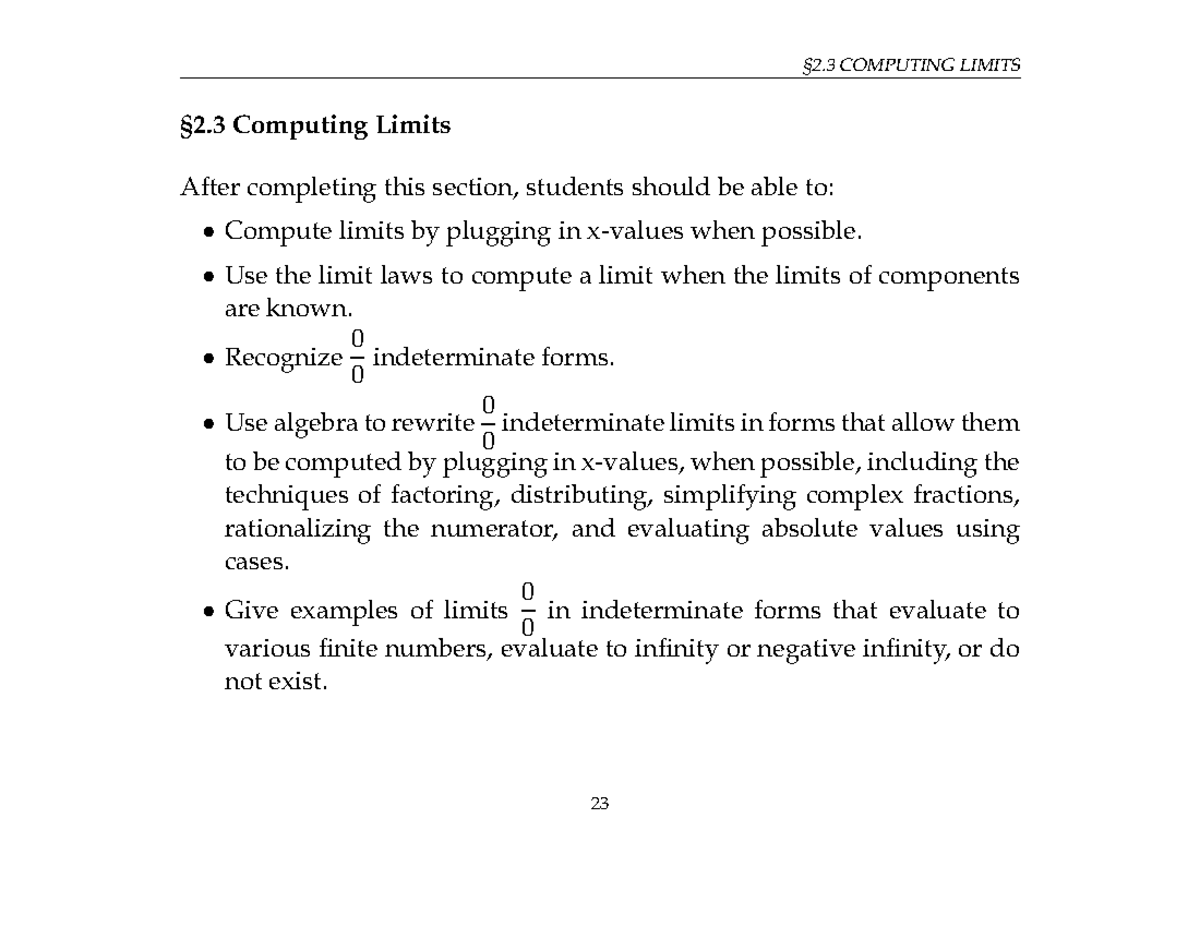 2.3 Computing Limits-1 - §2 Computing Limits After completing this section, students should be ...