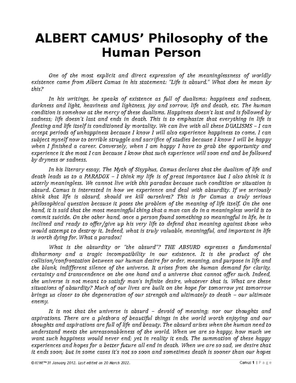 Philosophy of the Human Person: Albert Camus - The Absurdity of Human ...
