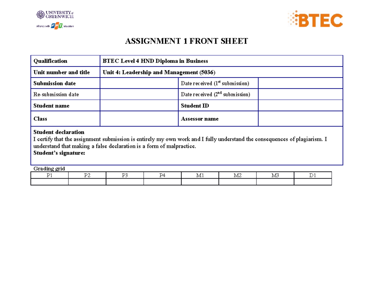 final asignment - ASSIGNMENT 1 FRONT SHEET Qualification BTEC Level 4 ...
