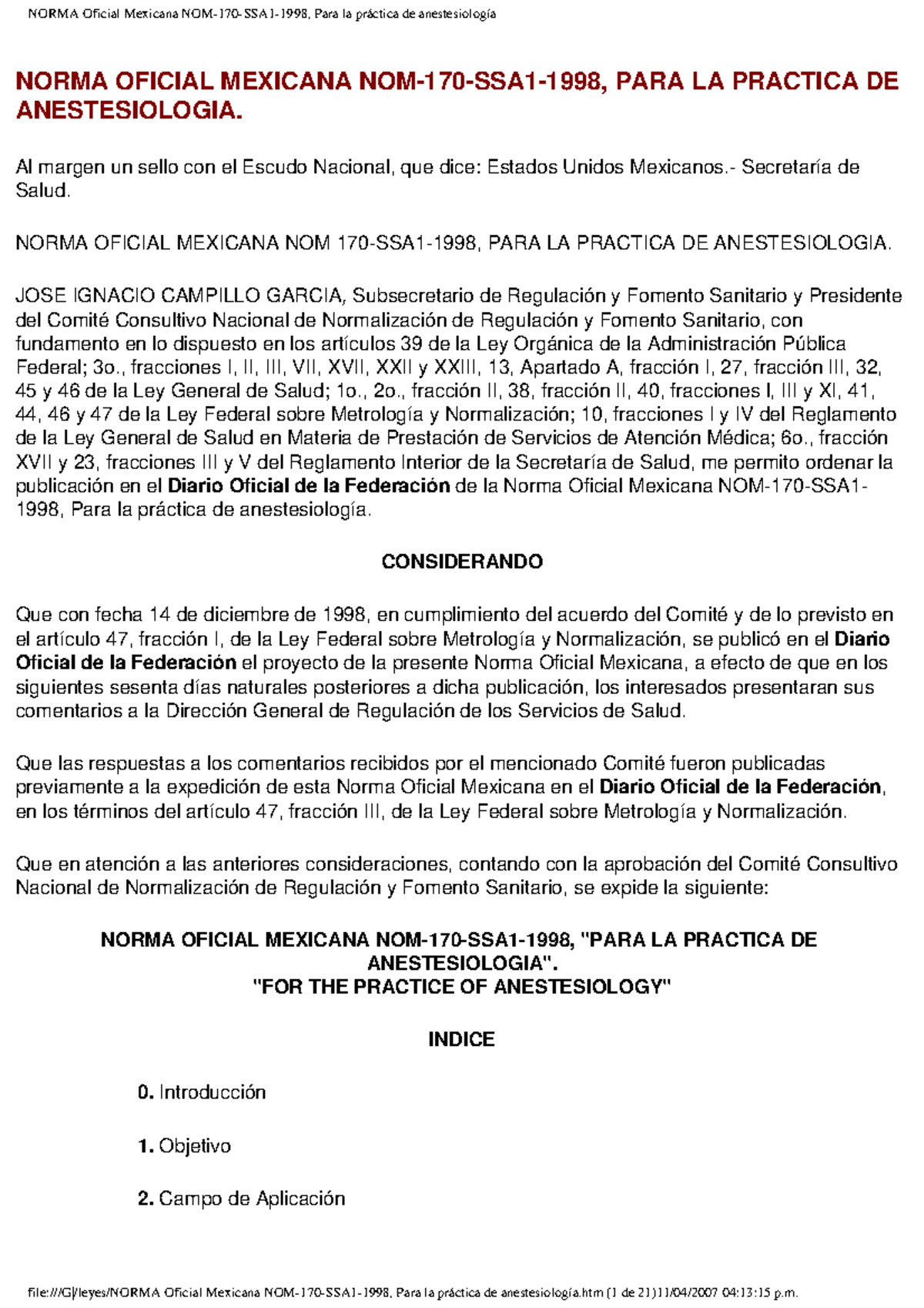 Nom 10 - Anestesiología - NORMA OFICIAL MEXICANA NOM-170-SSA1-1998 ...