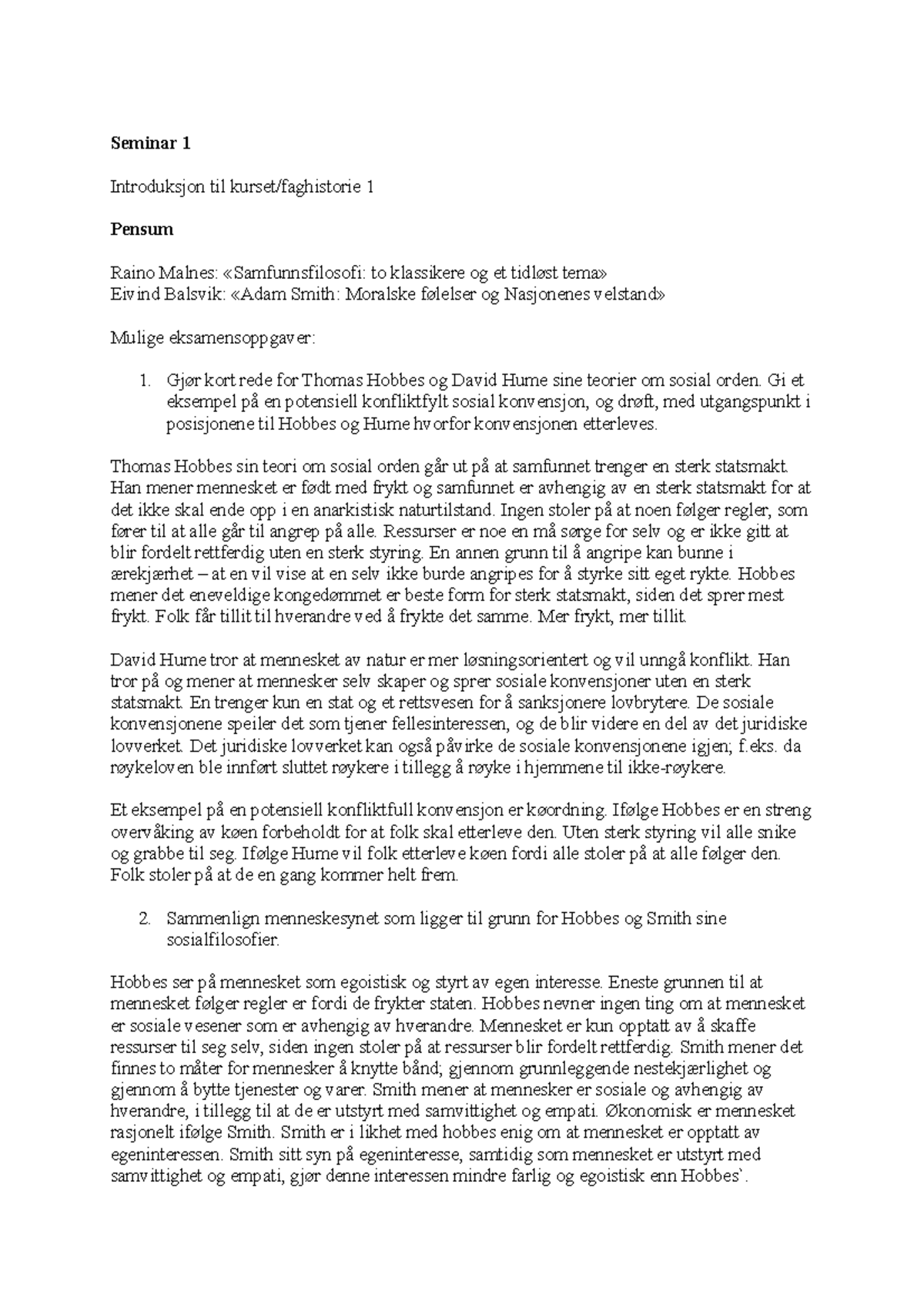 eksamenøving svexfac - Seminar 1 Introduksjon til kurset/faghistorie 1 Pensum Raino Malnes ...