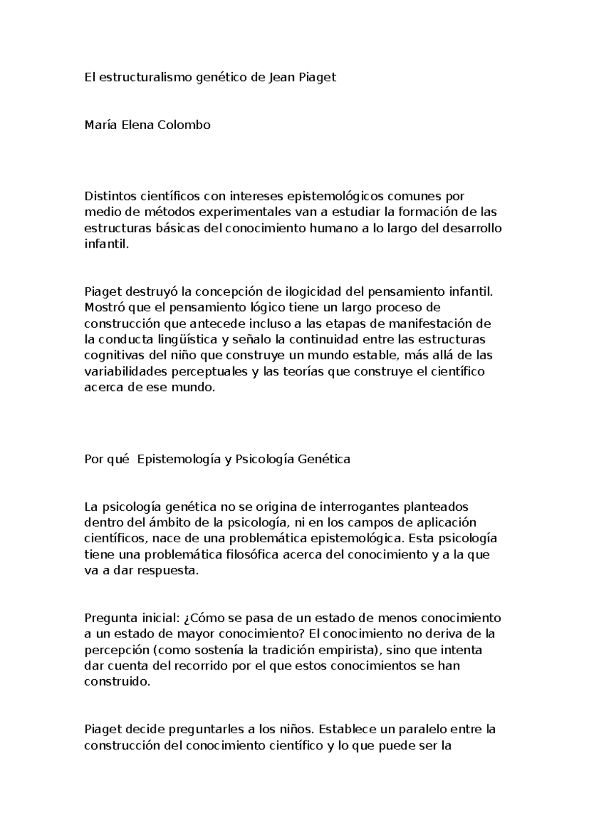Piaget colombo - El estructuralismo genético de Jean Piaget María Elena ...