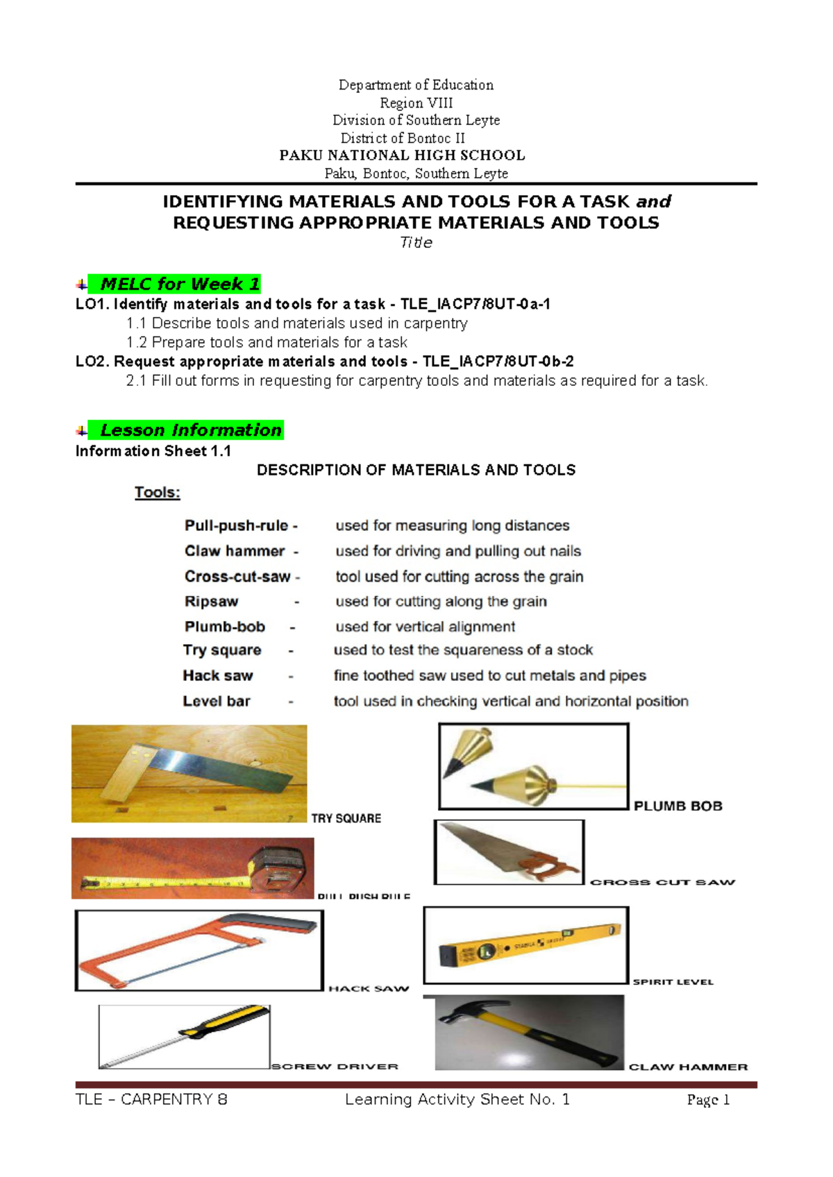 TLE 8 Week 1 - TLE 8 Carpentry - Department of Education Region VIII Division of Southern Leyte ...