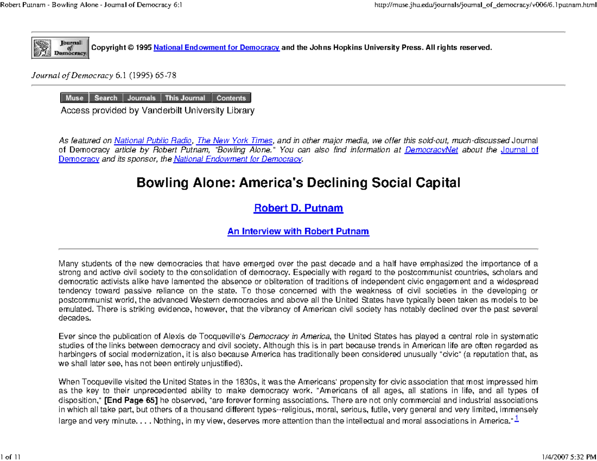 Bowling Alone - Putnam - muse.jhu/journals/journal_of_democracy/v006/6 ...