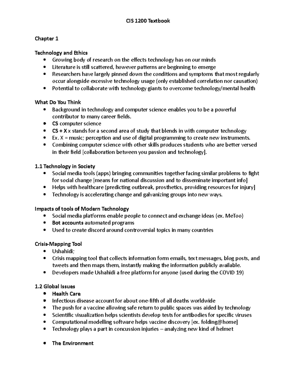 CIS 1200 Textbook - Chapter 1 Technology and Ethics Growing body of ...