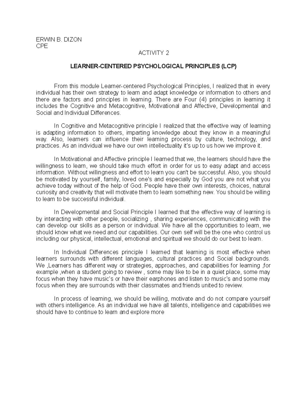 Learner- Centered Psychological Principles (LCP) - ERWIN B. DIZON CPE ...